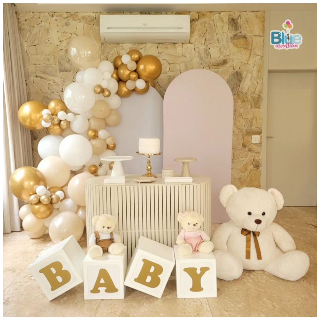 Decoração chá revelação tons neutros - Bege, dourado e branco